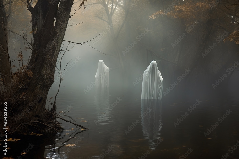 Eerie ghostly figures apparitions floating over a still pond with fog ...