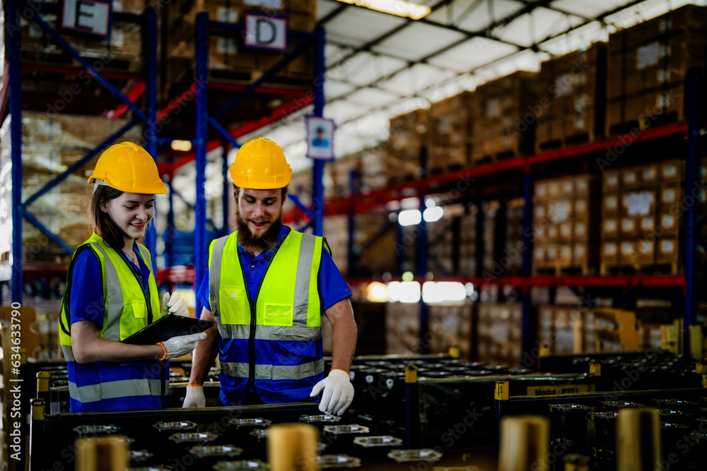 checking and inspecting metal machine part items for shipping. male and ...