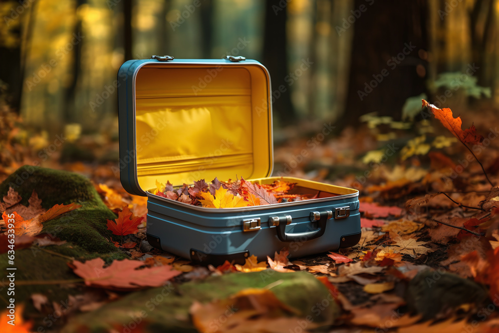 Blue open suitcase with autumn leaves inside laying on the ground in ...