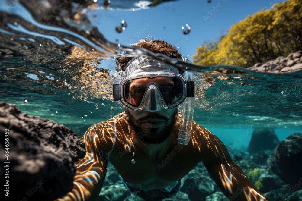 Snorkeler floating on the surface observing the underwater world ...