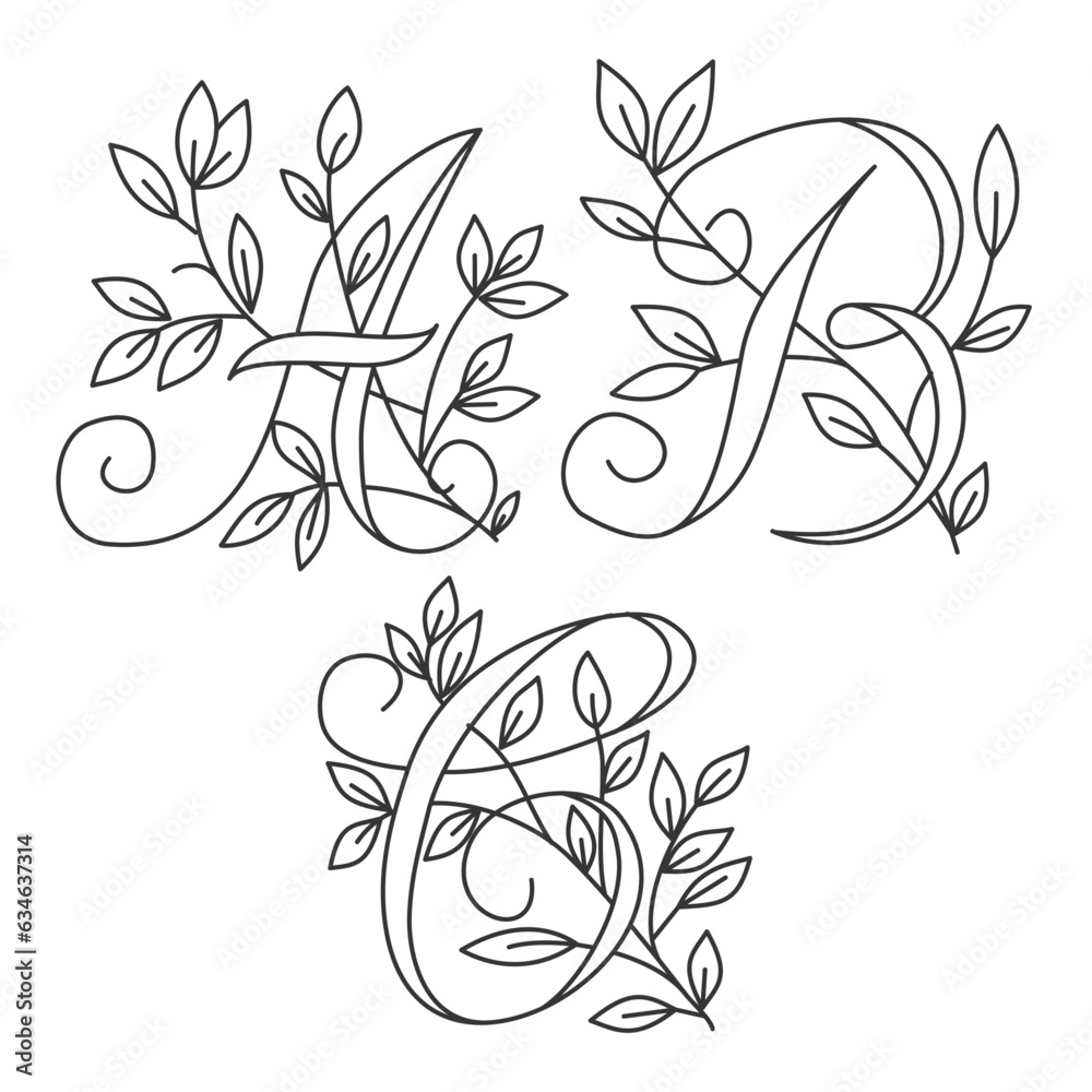 Black botanical monogram vector. ABC letters for monograms and logo ...
