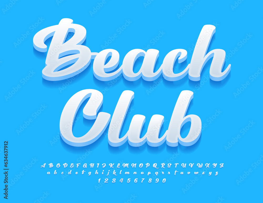 Vector creative template Beach Club. Cursive White Font. Elegant 3D ...