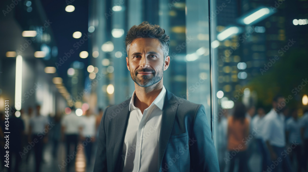 smile of Business man at modren office and tower view background. Stock ...