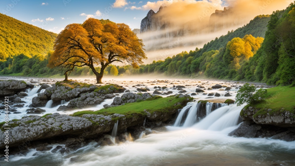 Autumn tree in wide river landscape. A huge tree in a broad river curve ...