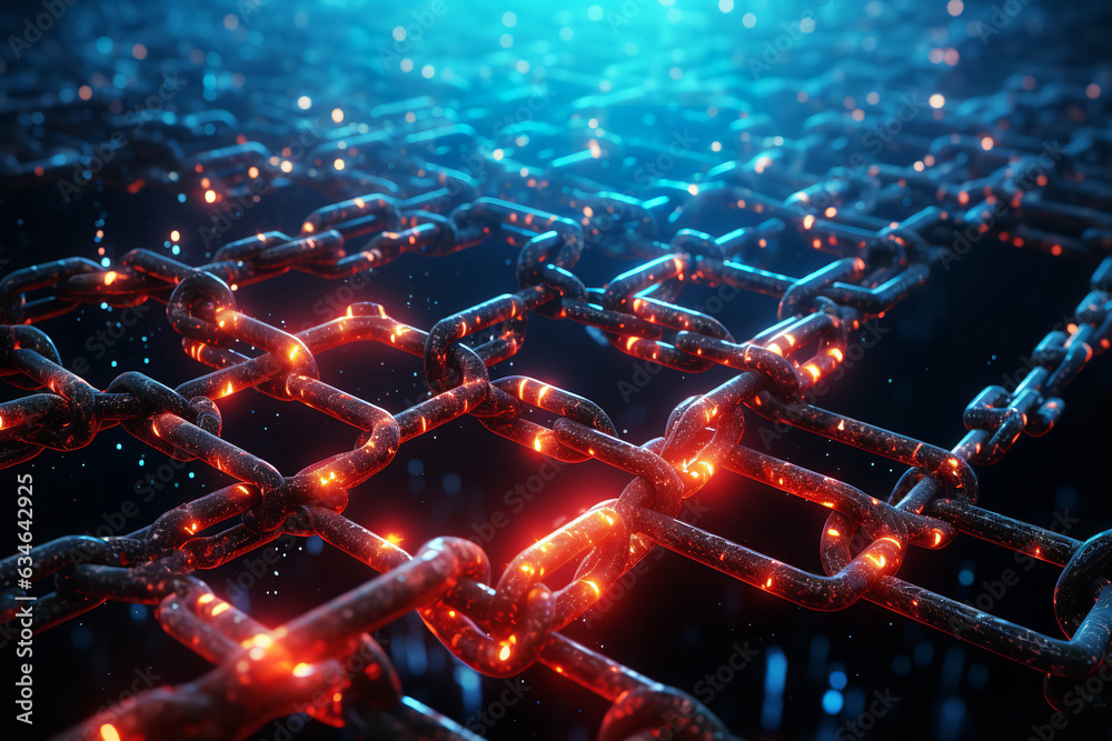 A singular broken chain link, illuminated amidst a matrix of ...