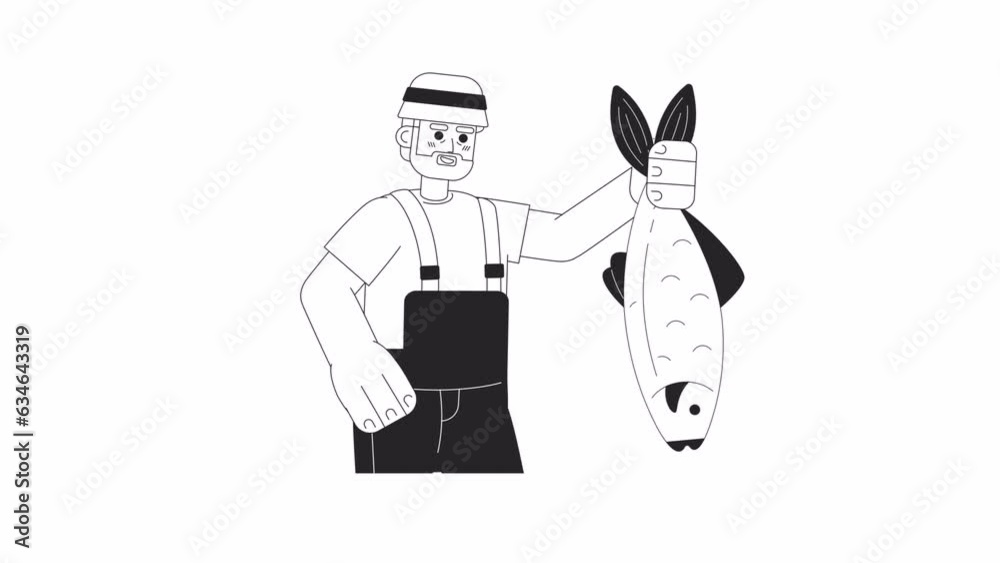 Elderly fisherman holding fish bw 2D character animation. Active ...