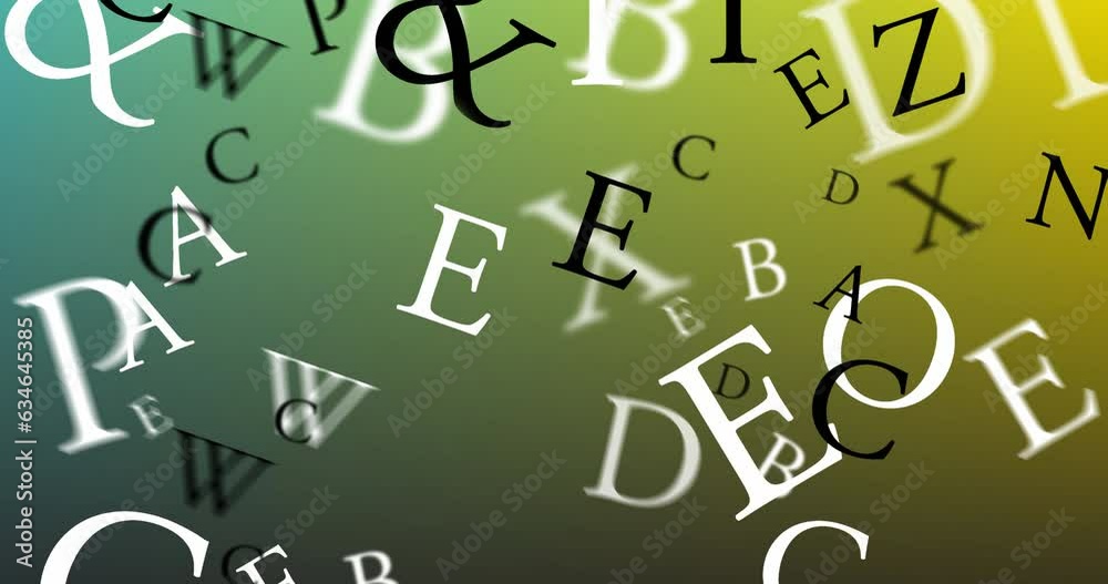 Animation of english alphabets floating against yellow and green ...
