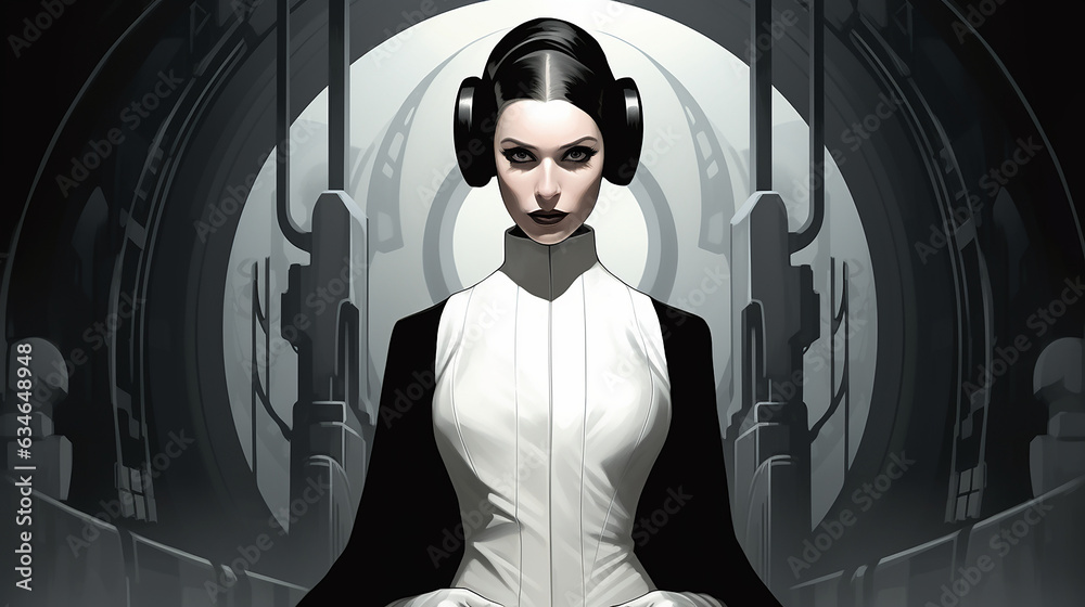 Resolute Authority: Stern Woman in Black and White Amidst Sci-Fi ...
