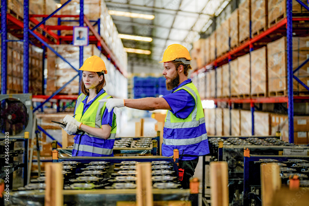 checking and inspecting metal machine part items for shipping. male and ...