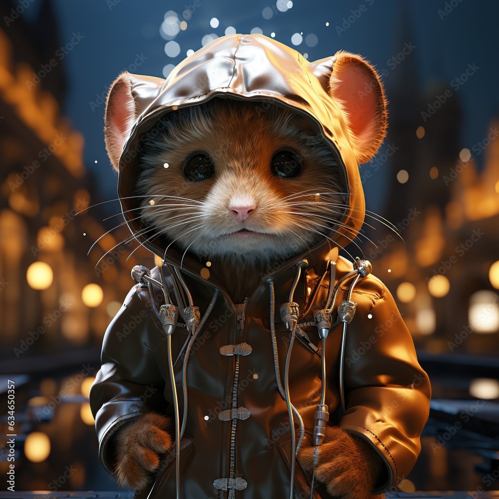 Cartoon mouse, a hooded mouse wearing a hoodie, in the style of ...