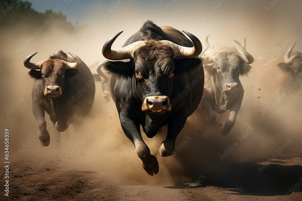 Bulls charge across an open expanse, their energy and momentum ...