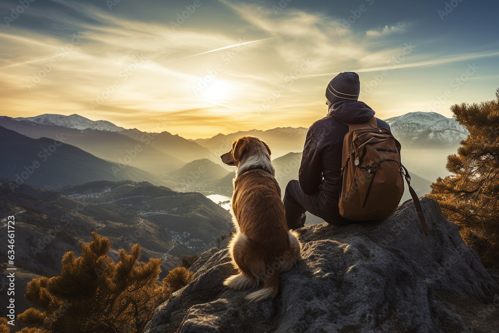 A person and their dog gazing out from a mountain peak, celebrating the ...