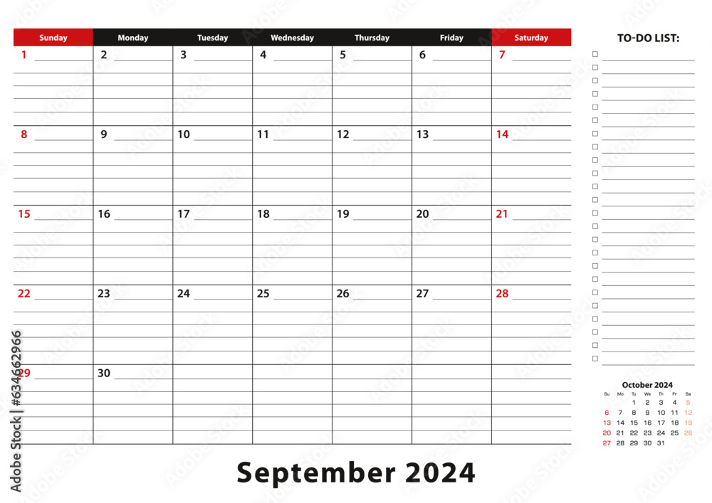 September 2024 Monthly Desk Pad Calendar week starts from sunday, size ...