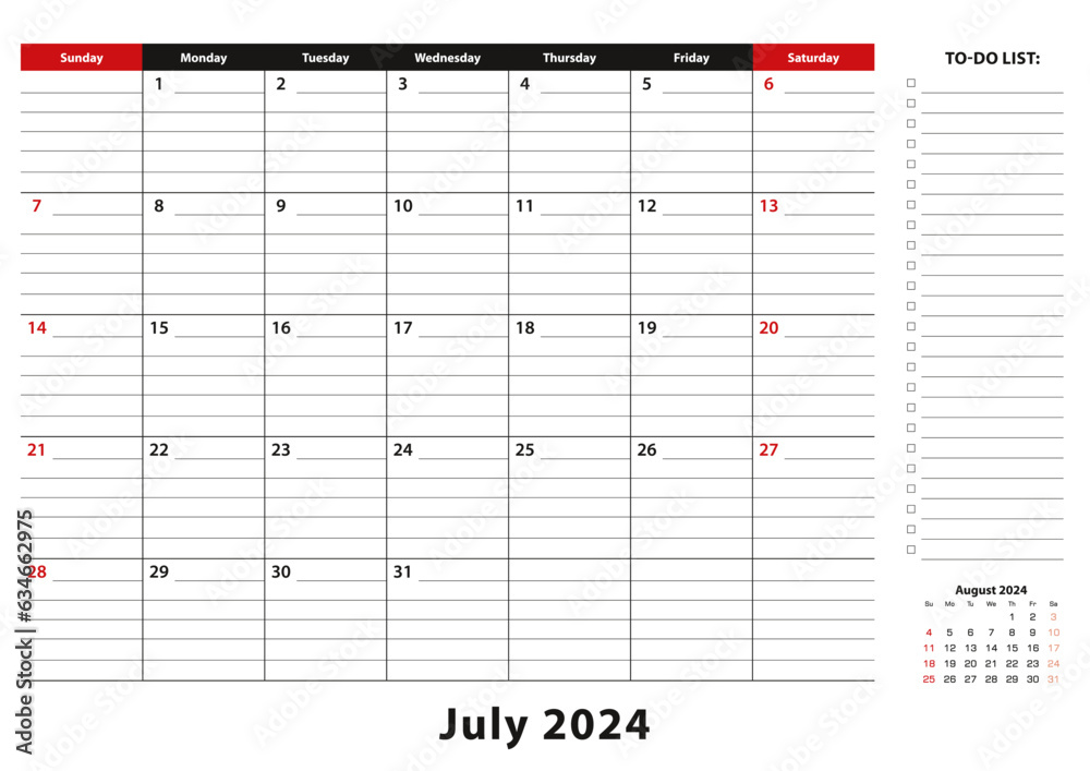 July 2024 Monthly Desk Pad Calendar week starts from sunday, size A3 ...