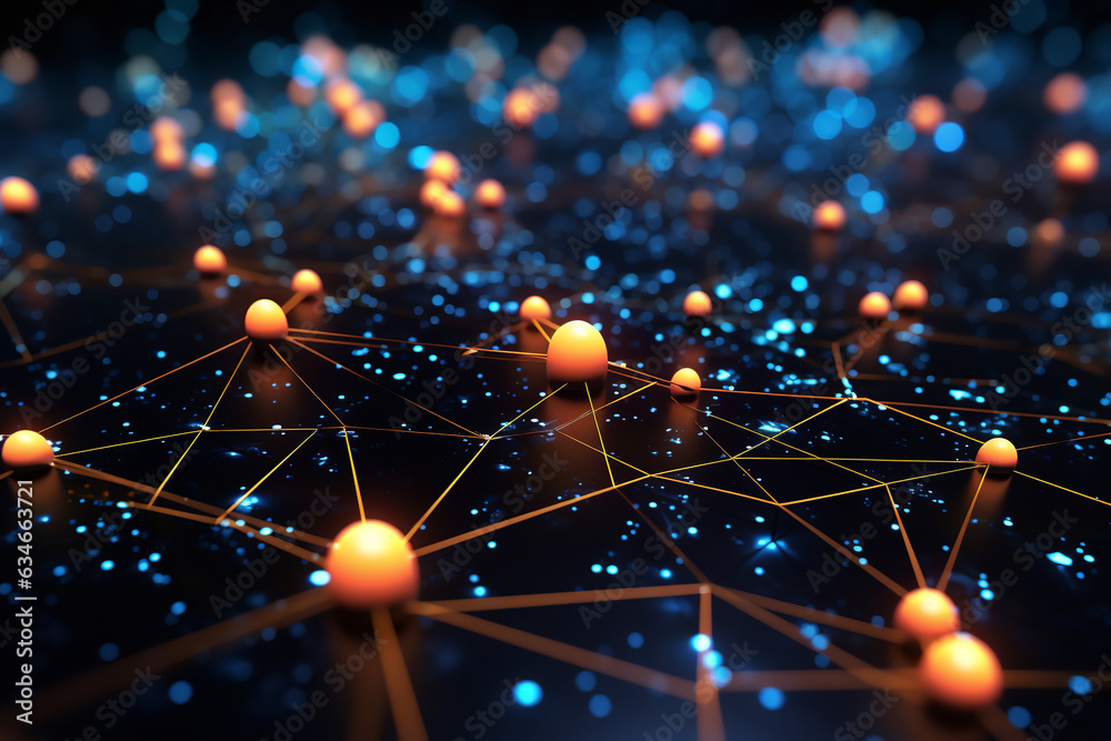 Interwoven nodes form a sprawling digital network with recognizable ...