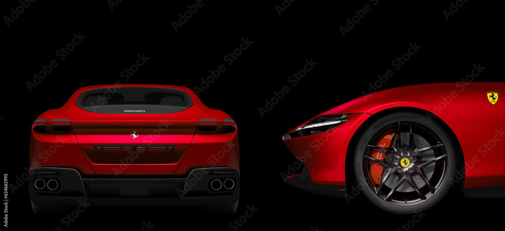 ferrari roma red sports car black studio super soft lighting cgi Stock ...