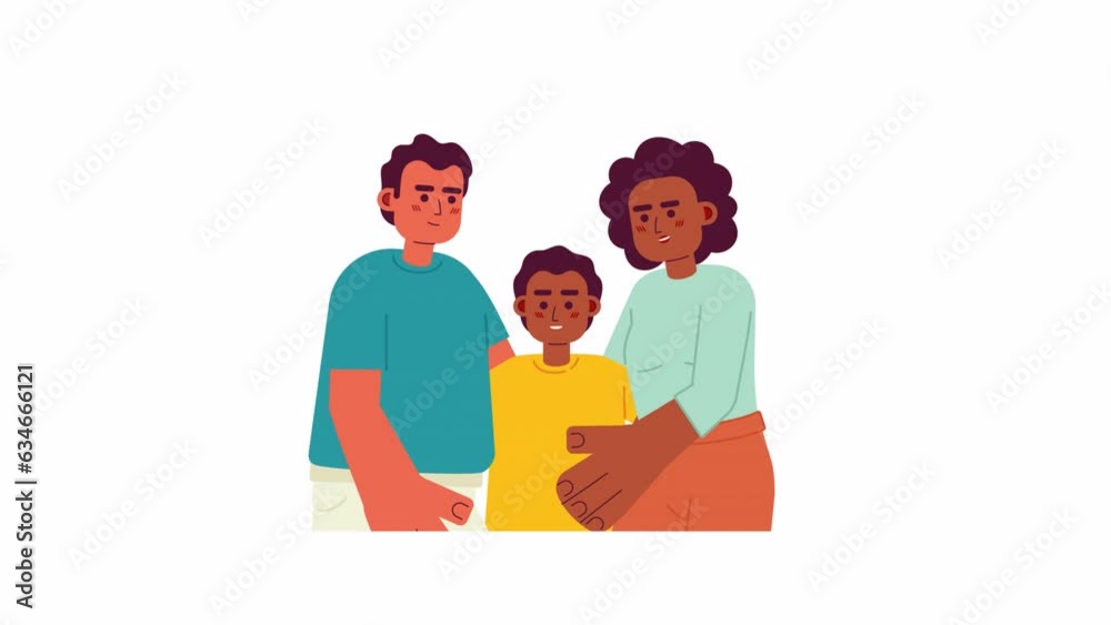 Diverse parents hugging with smiling son 2D characters animation. Mom ...