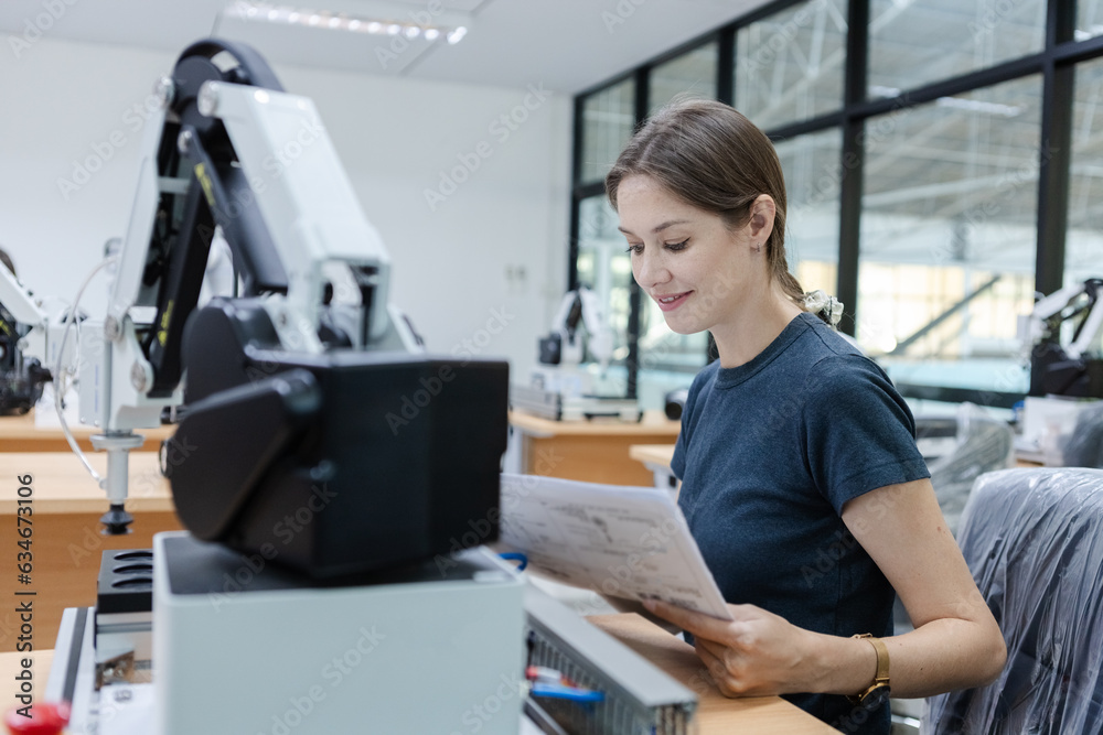 Female staff engineer working system robot. education classroom for ...