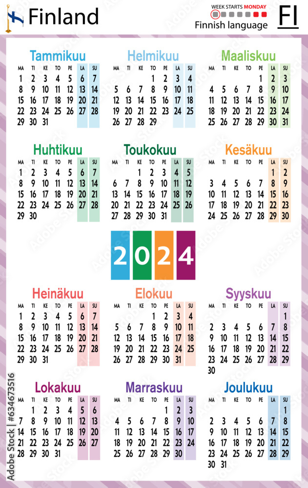 Finnish vertical pocket calendar for 2024. Week starts Monday Stock ...