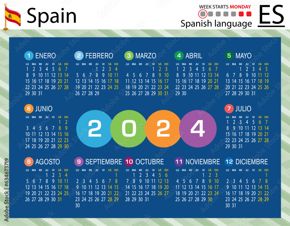 Spanish horizontal pocket calendar for 2024. Week starts Monday Stock ...