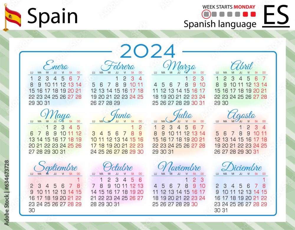 Spanish horizontal pocket calendar for 2024. Week starts Monday Stock ...