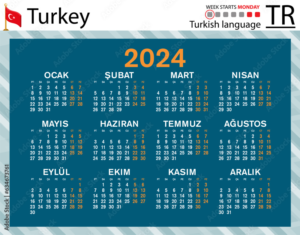 Turkish horizontal pocket calendar for 2024. Week starts Monday Stock ...