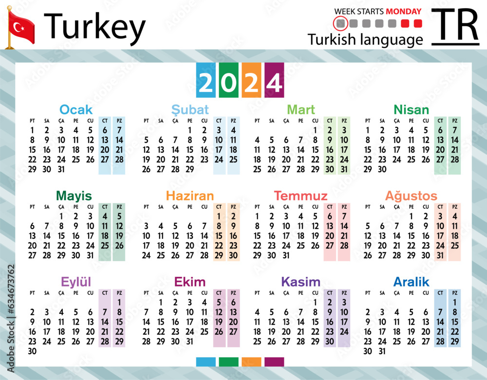 Turkish horizontal pocket calendar for 2024. Week starts Monday Stock ...