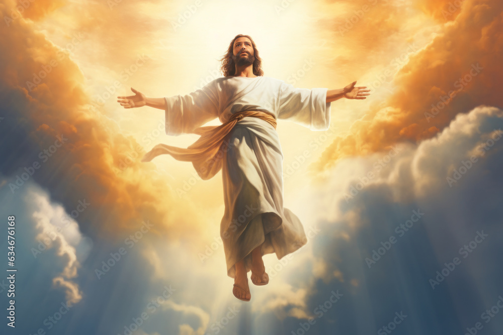 Jesus Christ ascends to heaven illuminated by a beam of light in a sky ...