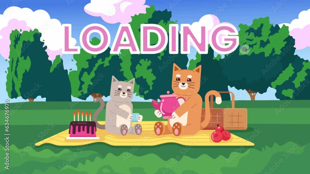 Tea party picnic 2D loading animation. Happy kitten pouring tea in cup ...