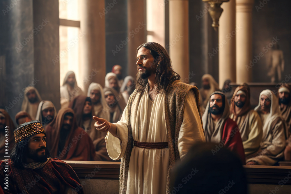 Jesus Christ preaching to the people and to pharisees in the Sanhedrin ...