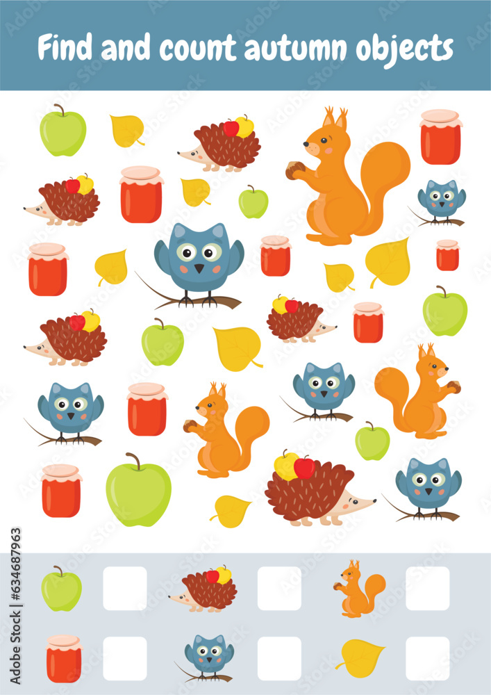 Vetor de Find and count autumn objects. Worksheets activities for ...