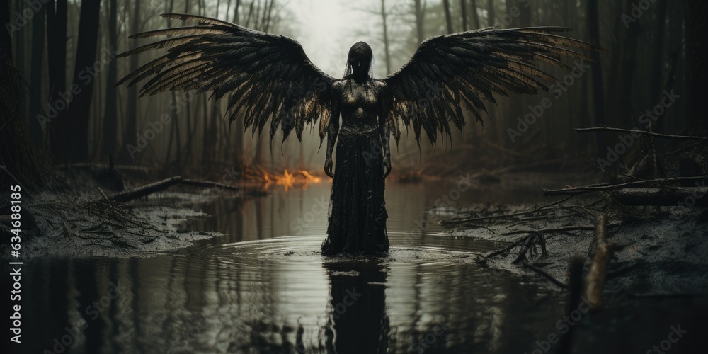 Petrified fallen angel covered in dirty mud and black oil with tarred ...