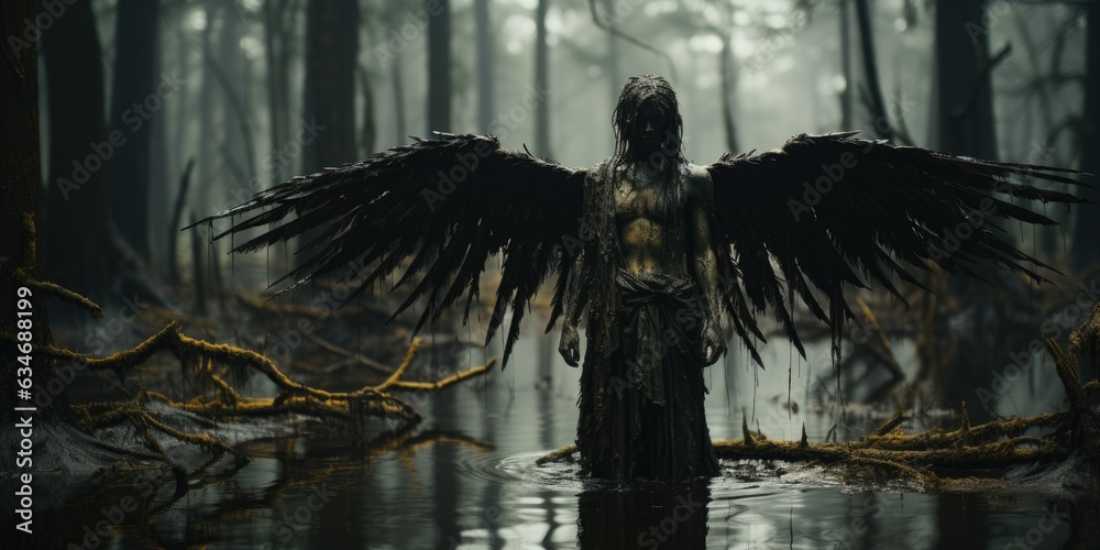 Petrified fallen angel covered in dirty mud and black oil with tarred ...