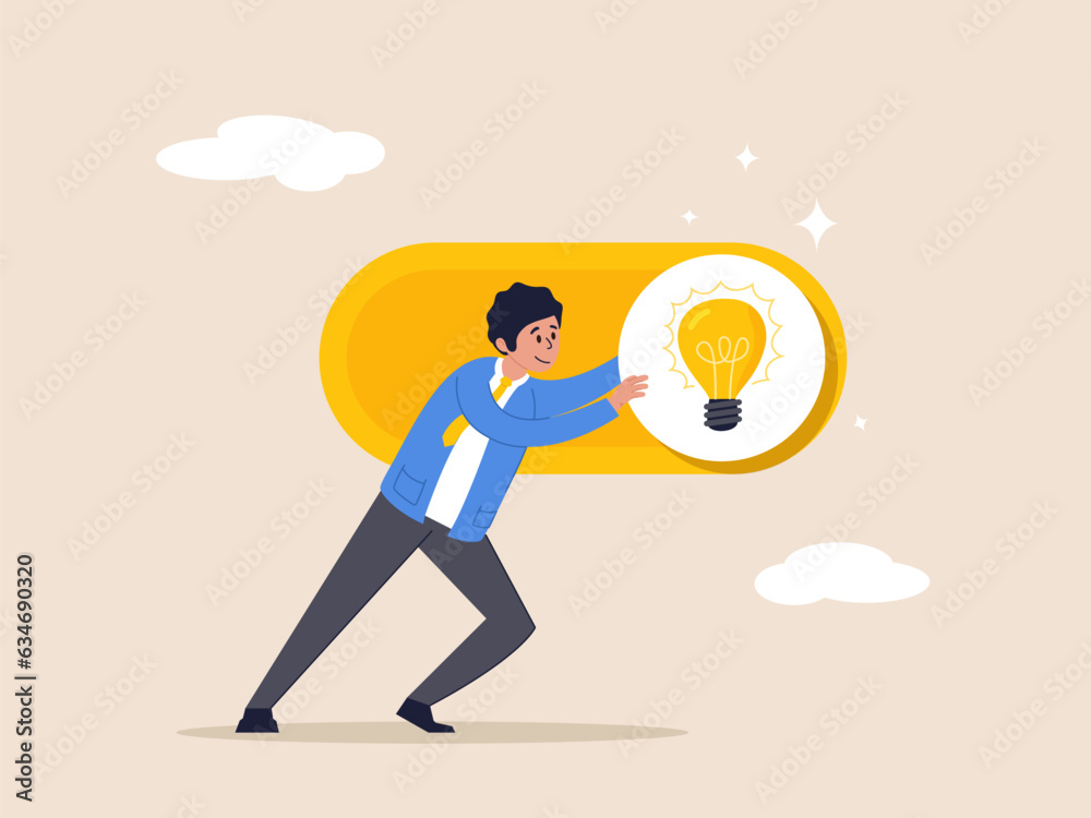Turn on new idea concept. Toggle lightbulb idea invention, unlock or active, businessman push ...