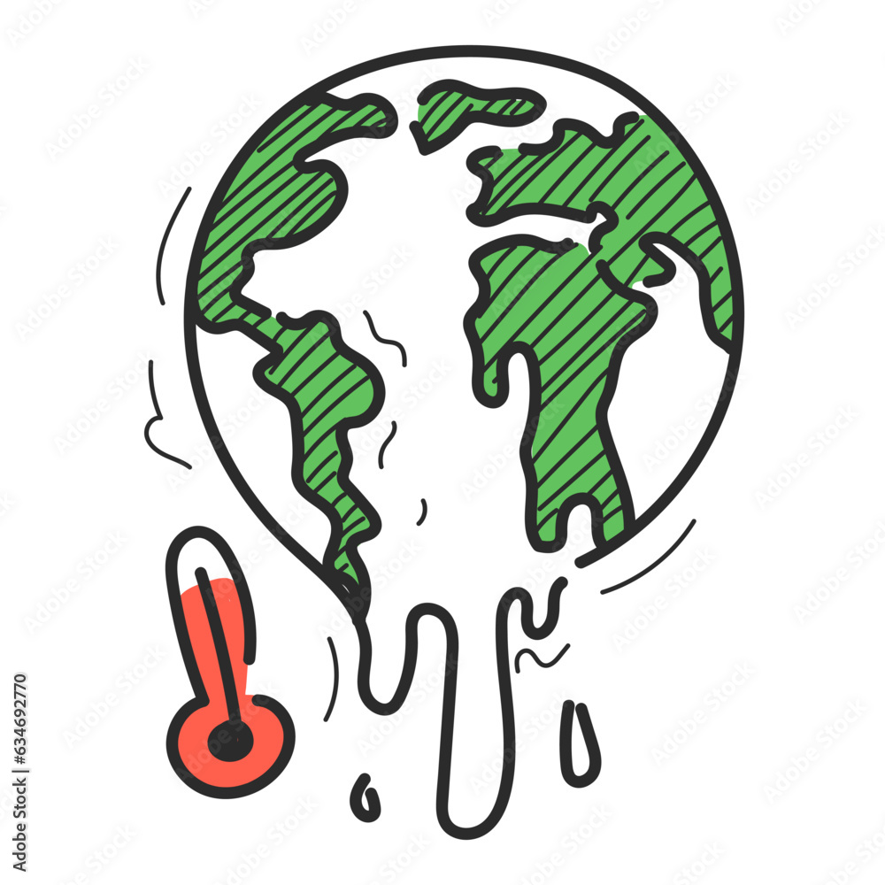 Melting Earth doodle icon vector isolated. Concept of global warming ...