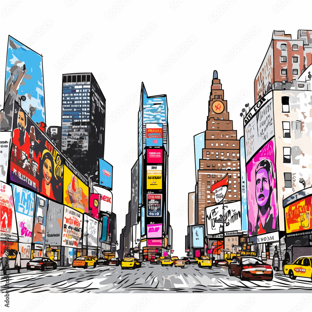 Times Square. Times Square hand-drawn comic illustration. Vector doodle ...