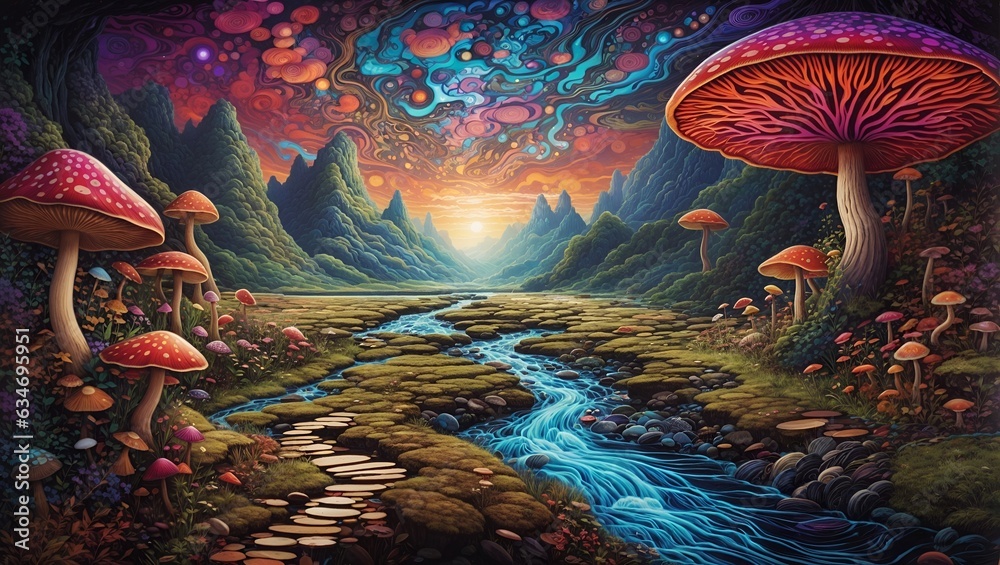 mushroom in the forest, Fantasy River and the mushrooms are well grown ...