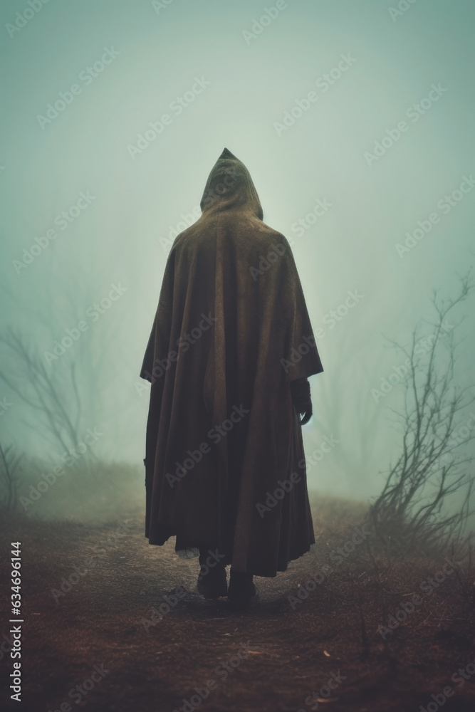 mysterious cloaked person walking down a fantasy misty path. medieval ...