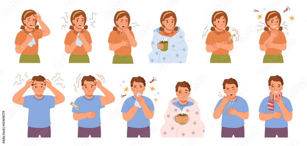 Boys and girls with flu set. Ill sick kid sneezing, coughing. Child ...