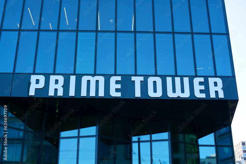 11-08-2023 Zurich city Switzerland. Prime Tower front entrance sign or lettering. Modern glass ...