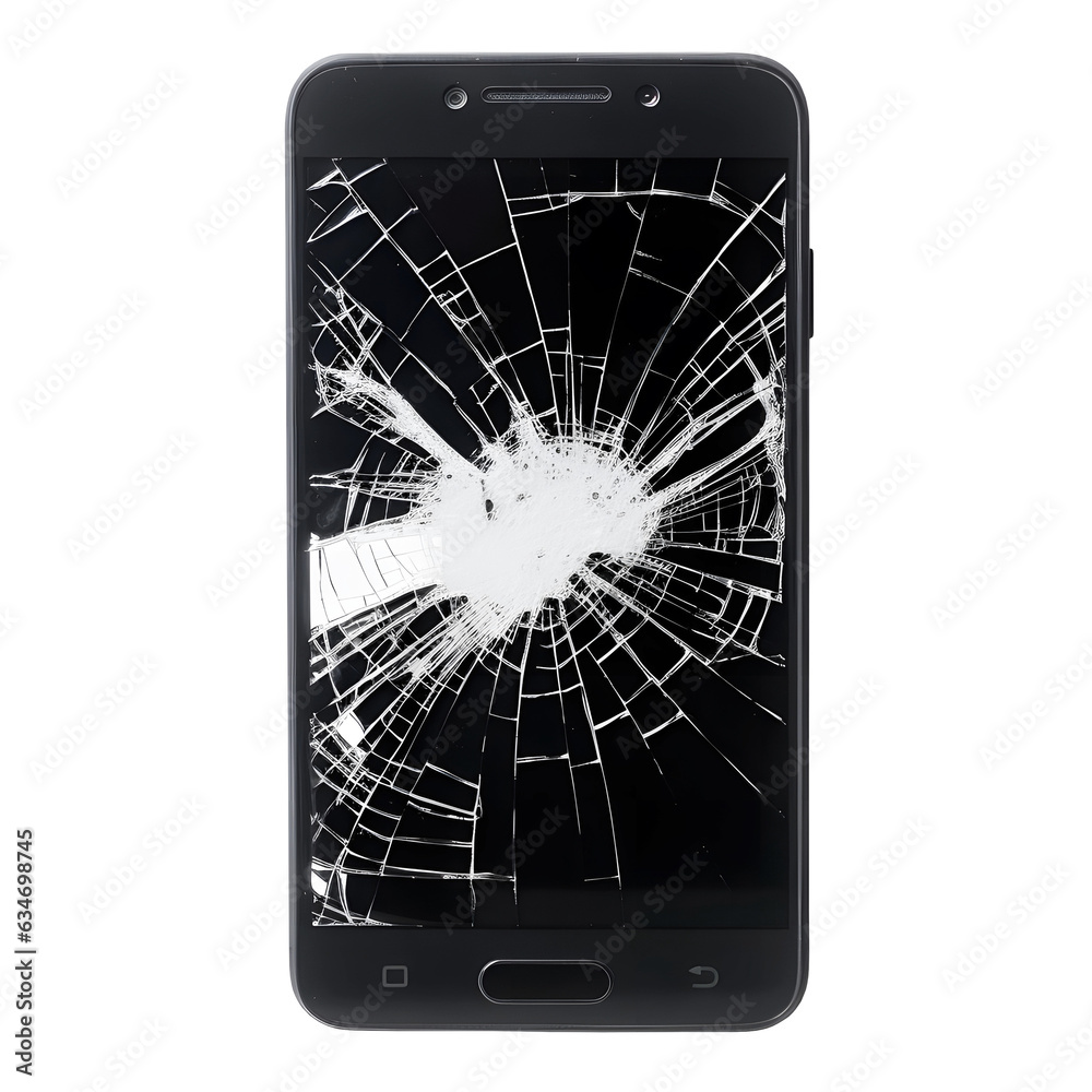 Damaged smartphone with broken glass display isolated on transparent ...