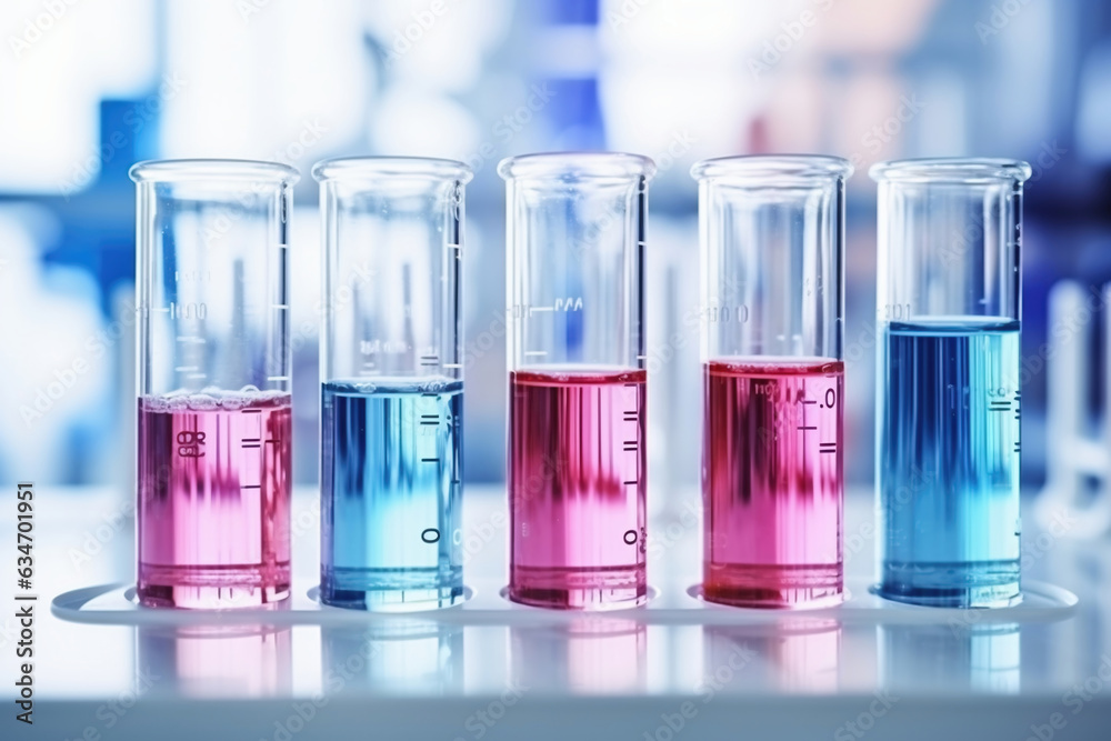 Glass flasks for liquid samples of reagents. Laboratory equipment for ...