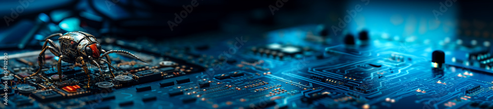 Software bug beta testing concept, digital insect on circuit board ...