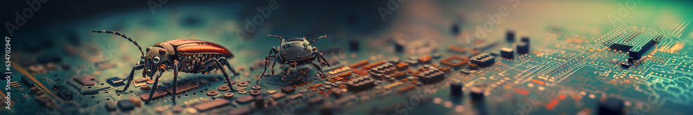 Software bug beta testing concept, digital insect on circuit board ...