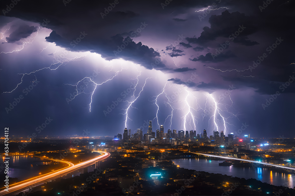 Dramatic lightning storm over a city skyline -- lightning storm, city ...