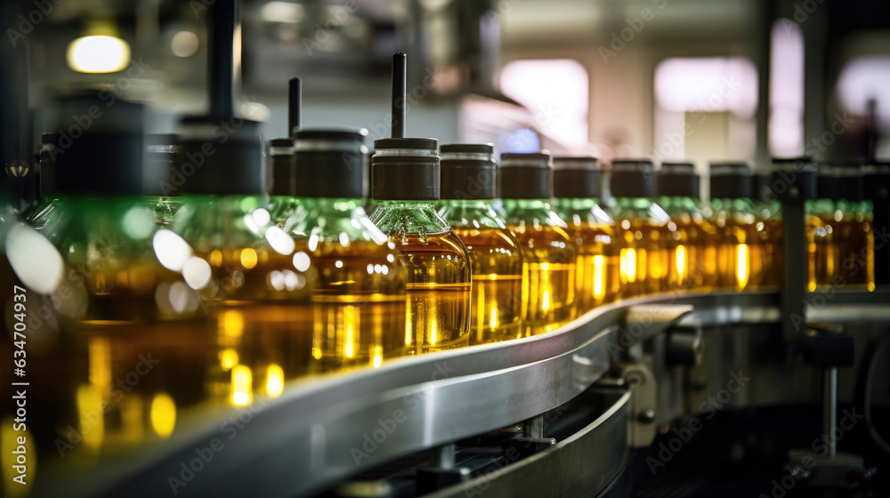 Cooking oil-filled bottles moving gracefully along a conveyor belt in a ...