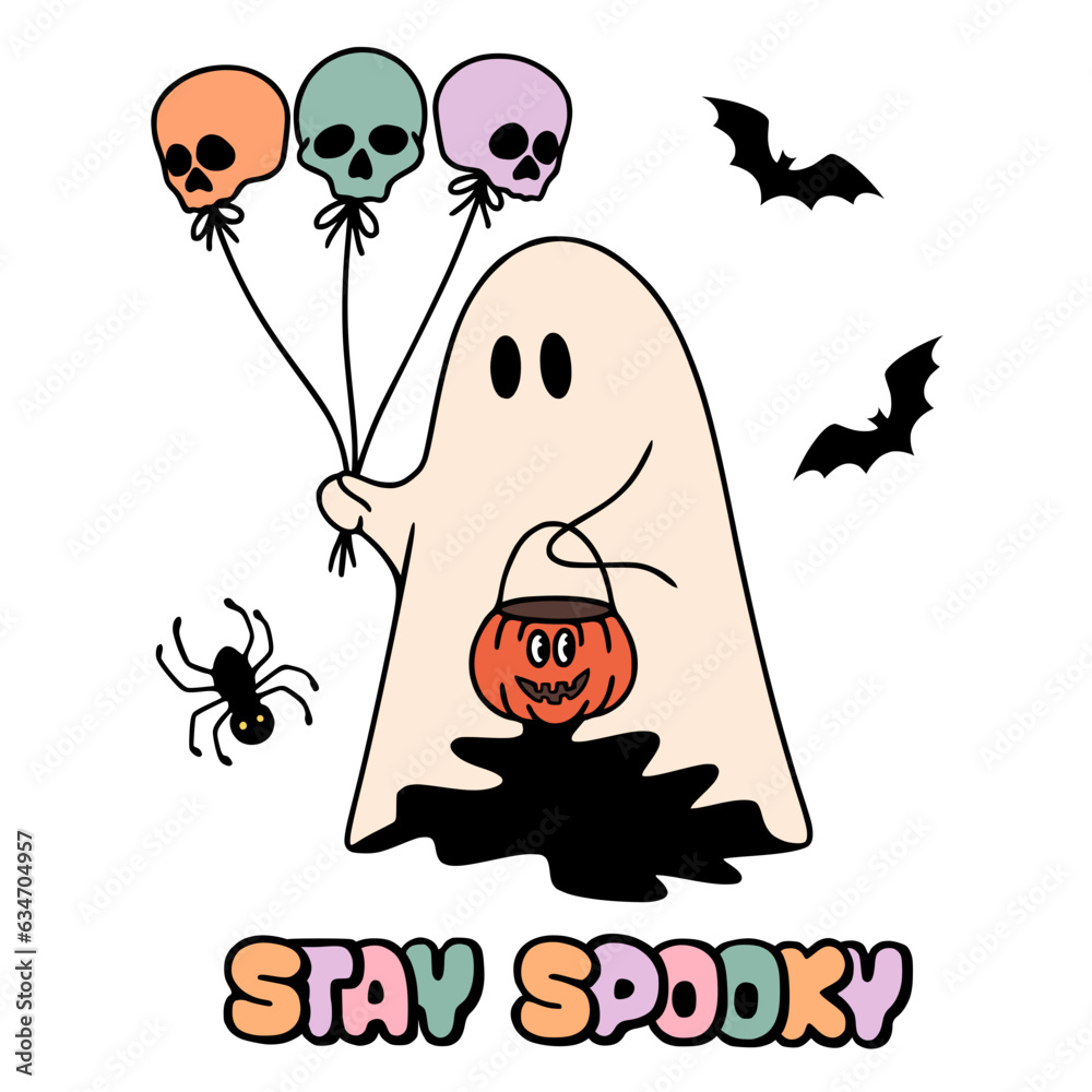 Spooky ghost holding ballons skull and pumpkin halloween. 70s groovy ...
