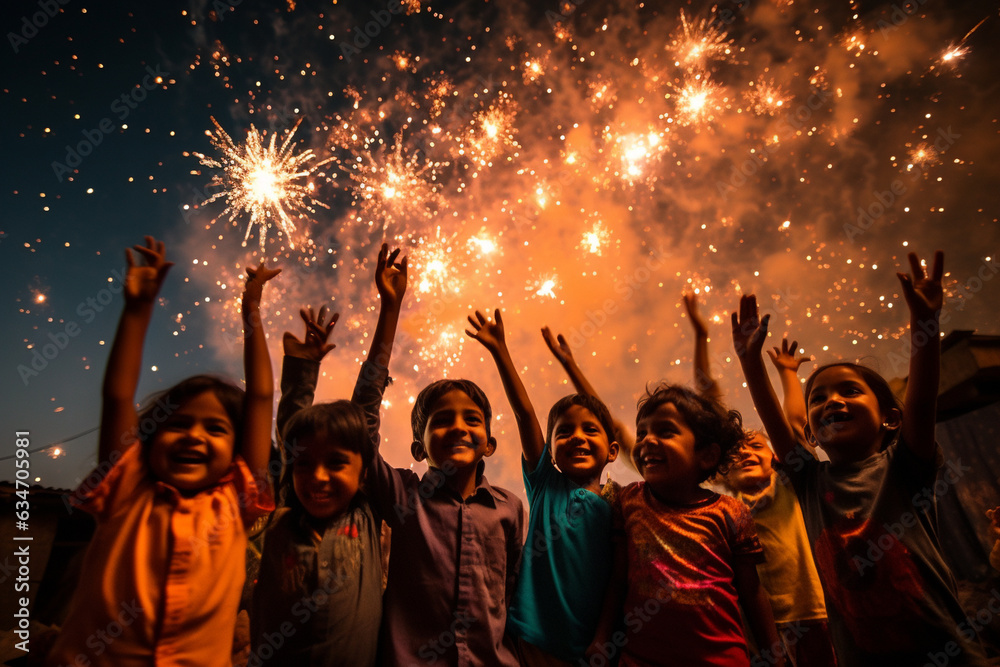 Children bursting fireworks against the night sky, Diwali, the triumph ...