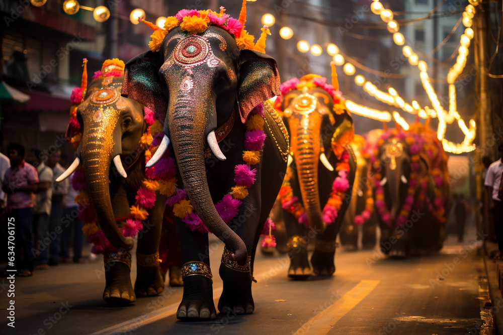 Decorated elephants in a grand Diwali procession, Diwali, the triumph ...