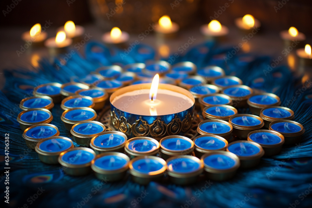 Diya candles arranged in the shape of a peacock, Diwali, the triumph of ...